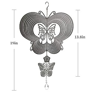 JJWANTA Large Size Hanging Wind Spinner Outdoor Decor for 3D Garden Wind Chimes Metal Yard Spinners 3D Stainless Steel Spinner Gifts Butterfly 3D Spinner with Extra Heavy Crystal 360°Rotating Hook