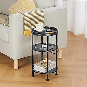Small Round Side Table with Charging Station for Small Spaces, 3-Tier Round Accent Table with USB Ports & Power Outlets,Round Corner Table Tea Sofa Side Table for Living Room Bedroom Apartment (Black)