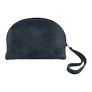 Hide & Drink, Cosmetic Travel Organizer with Hand Strap for Women, Makeup Bag, Classic Handbag, Full Grain Leather, Handmade, Slate Blue