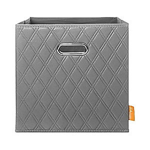 JIAessentials Large 13-inch Gray Foldable Diamond Patterned Faux Leather Storage Cube Bins Set of Four with Handles with Dual Handles for living room, bedroom and office storage