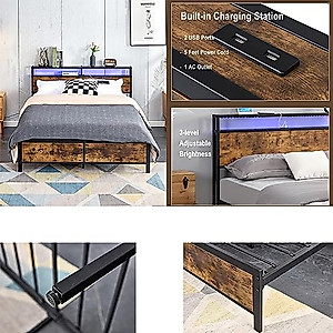 Anwickhomk Modern Industrial Full Size Bed Frame with LED Lights and 2 USB Ports,with Wood Shaving Headboard and Platform Bed Frame,Bearing Capacity Up to 900 LBS