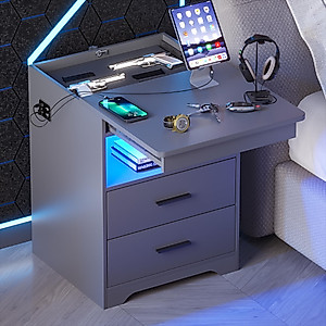 Gurexl LED Nightstand with Gun Drawer, Modern Beside Table with Charging Station, Auto Sensor 3 Color Dimmable Night Stand with Open Compartment for Bedroom (Grey)