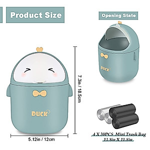 Ujk-TyLun Cute Desktop Trash Can Wastebasket and 120 Trash Bags, Creative Mini Garbage Can with Lid for Countertop Table, Tiny Plastic Storage Bin for Office, Kids Bedroom, 13 * 13 * 18.5cm (Green)
