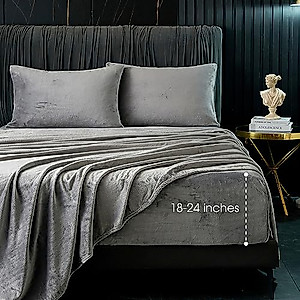 HYPREST Flannel Sheets King Size Deep Pocket, 250 GSM Micro Plush Velvet Sheets, Hotel Luxury Soft Breathable Grey King Bed Sheets Warm Fleece Sheets fits Mattress up to 24" in