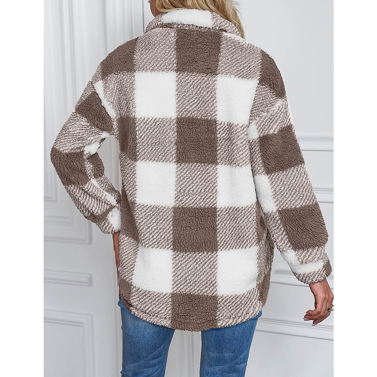 MEROKEETY Womens Plaid Long Sleeve Button Down Fleece Shacket Jackets Sherpa Teddy Coat with Pockets, Khaki, S