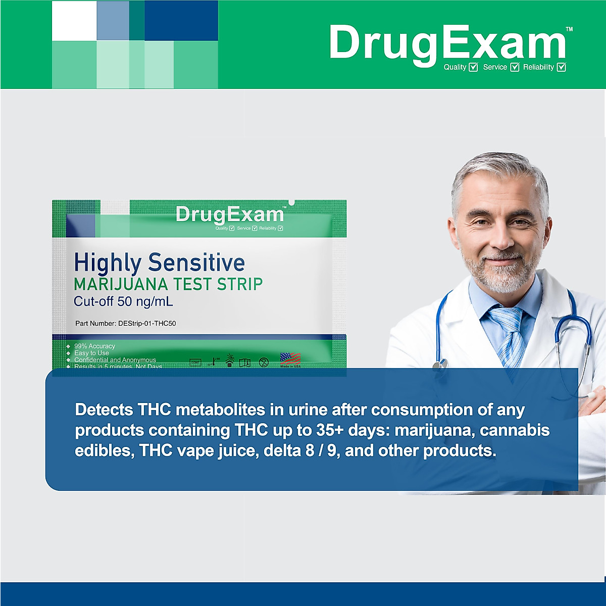 5 Pack - DrugExam Made in USA Highly Sensitive Marijuana THC Testing Drug Test Strip Kit - Drug Test with 50 ng/mL Cutoff Level for Detecting Any Form of THC in Urine up to 35 Days. Urine Test Strips