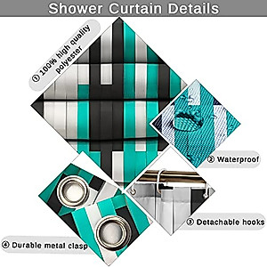 YOKYHOM Green Bathroom Sets with Shower Curtain and Rugs, 3 Piece Striped Bathroom Shower Curtain Sets with Rugs, Incl 71'' x 71'' Shower Curtain with 12 Hooks, 2 Pcs 30'' x 18'' Non Slip Bath Mats