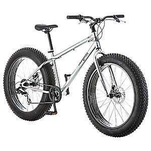 Mongoose Malus Mens and Womens Fat Tire Mountain Bike, 26-Inch Bicycle Wheels, 4-Inch Wide Knobby Tires, Steel Frame, 7 Speed Drivetrain Bicycle, Shimano Rear Derailleur, Disc Brakes, Silver/Black