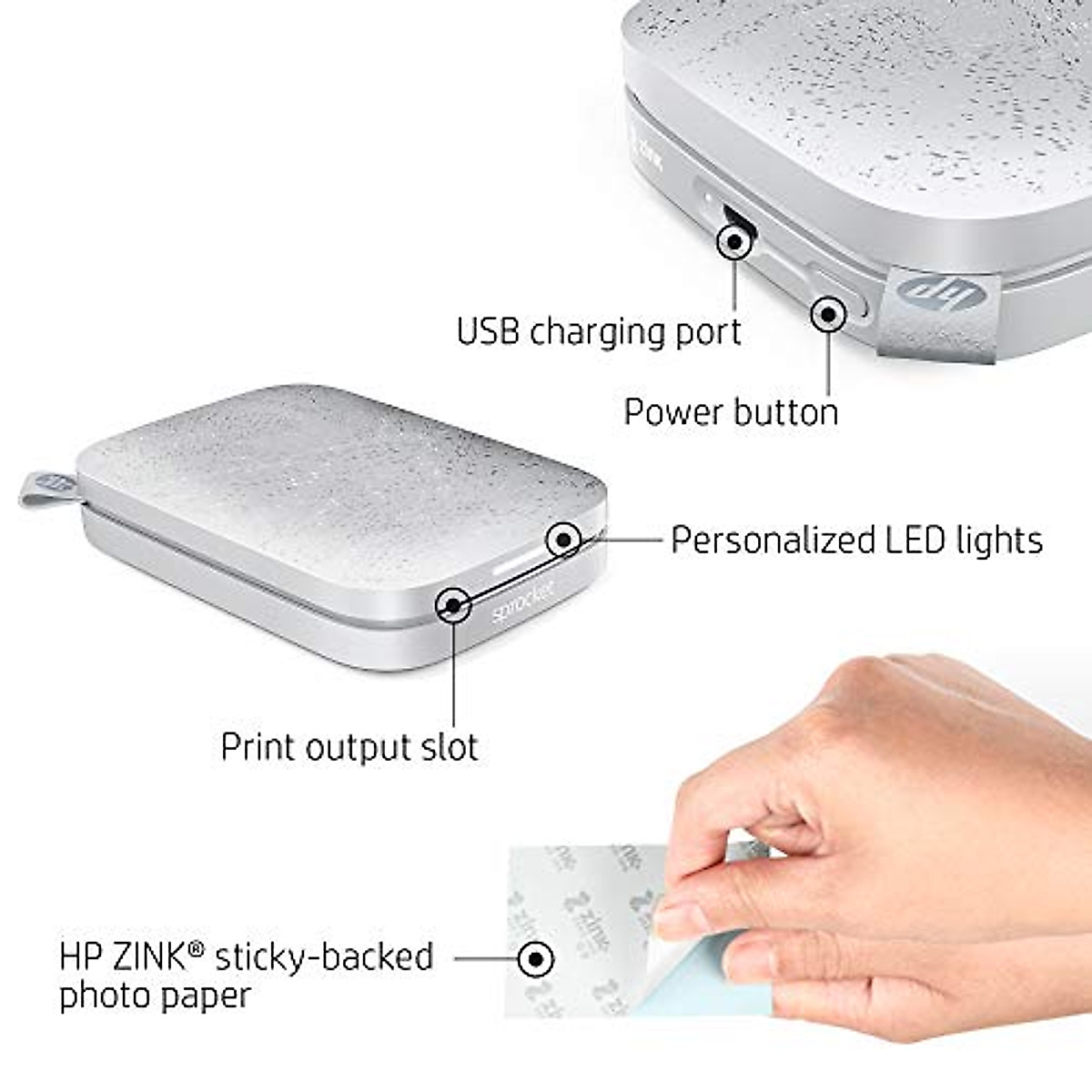 HP Sprocket Portable 2x3" Instant Color Photo Printer (Luna Pearl) Print Pictures on Zink Sticky-Backed Paper from your iOS & Android Device.