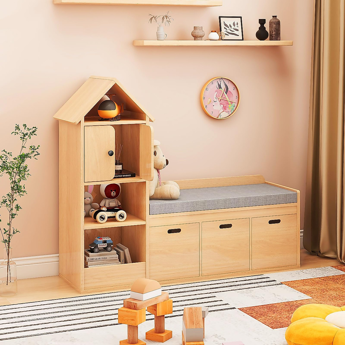 Kids Bookcase and Bookshelf with Reading Nook, Multifunctional Bookcase with 3 Open Storage Cubbies and 3 Drawers, Bookcase with Seat Cushion for Toy Storage Organizer Children's Room, Bedroom, Oak