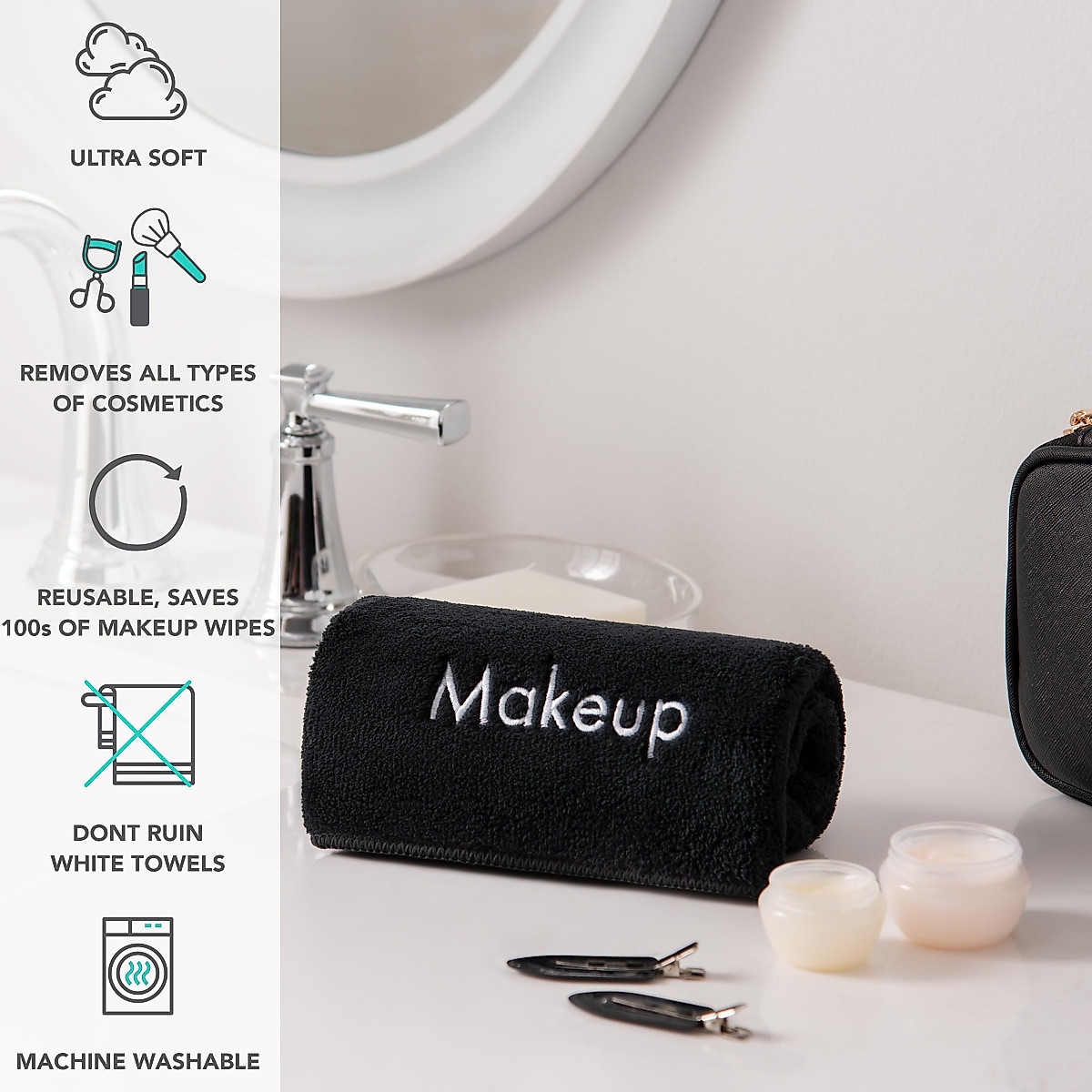 Arkwright Makeup Towels - Pack of 6 - Ultra Soft & Gentle Microfiber Coral Fleece Washcloth Face Make Up Remover, Reusuable Eraser Cloth Essentials for Hosts & Artists, 13 x 13 in, Black