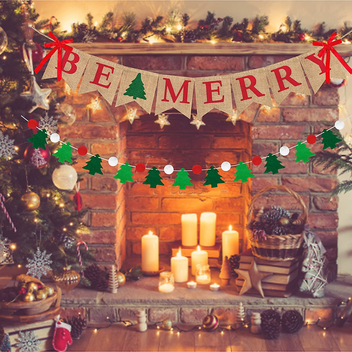 2Pcs Merry Christmas Banner, Be Merry Burlap Banner Felt Ball Christmas Tree Pom Pom Garland Happy Holidays Banner for Mantle Fireplace Christmas Xmas Party Holiday Decorations Home Outdoor Indoor