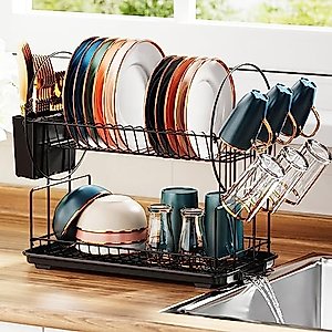 iSPECLE Dish Drying Rack - 2 Tier Small Dish Racks for Kitchen Counter with Glass Holder, Utensil Holder and Drainboard, Small Dish Dryer Rack, Multifunctional Dish Drainer, Black