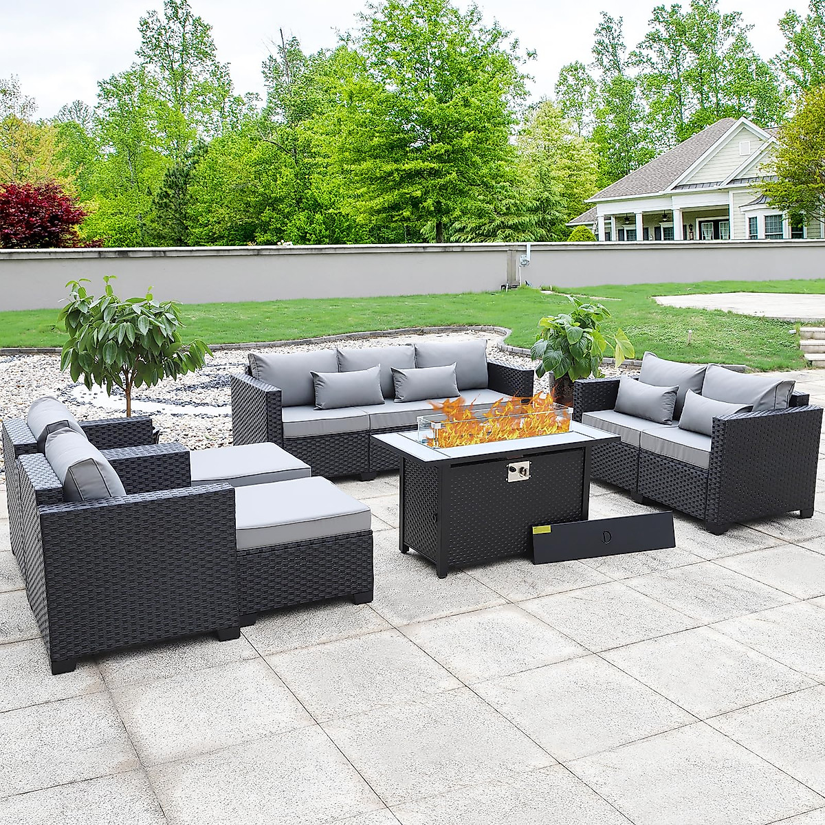 Rattaner 7 PCS Outdoor Furniture Sets 60000BTU 45-Inch Outdoor Propane Fire Pit Table Patio Furniture Set No-Slip Cushions and Waterproof Covers, Light Grey