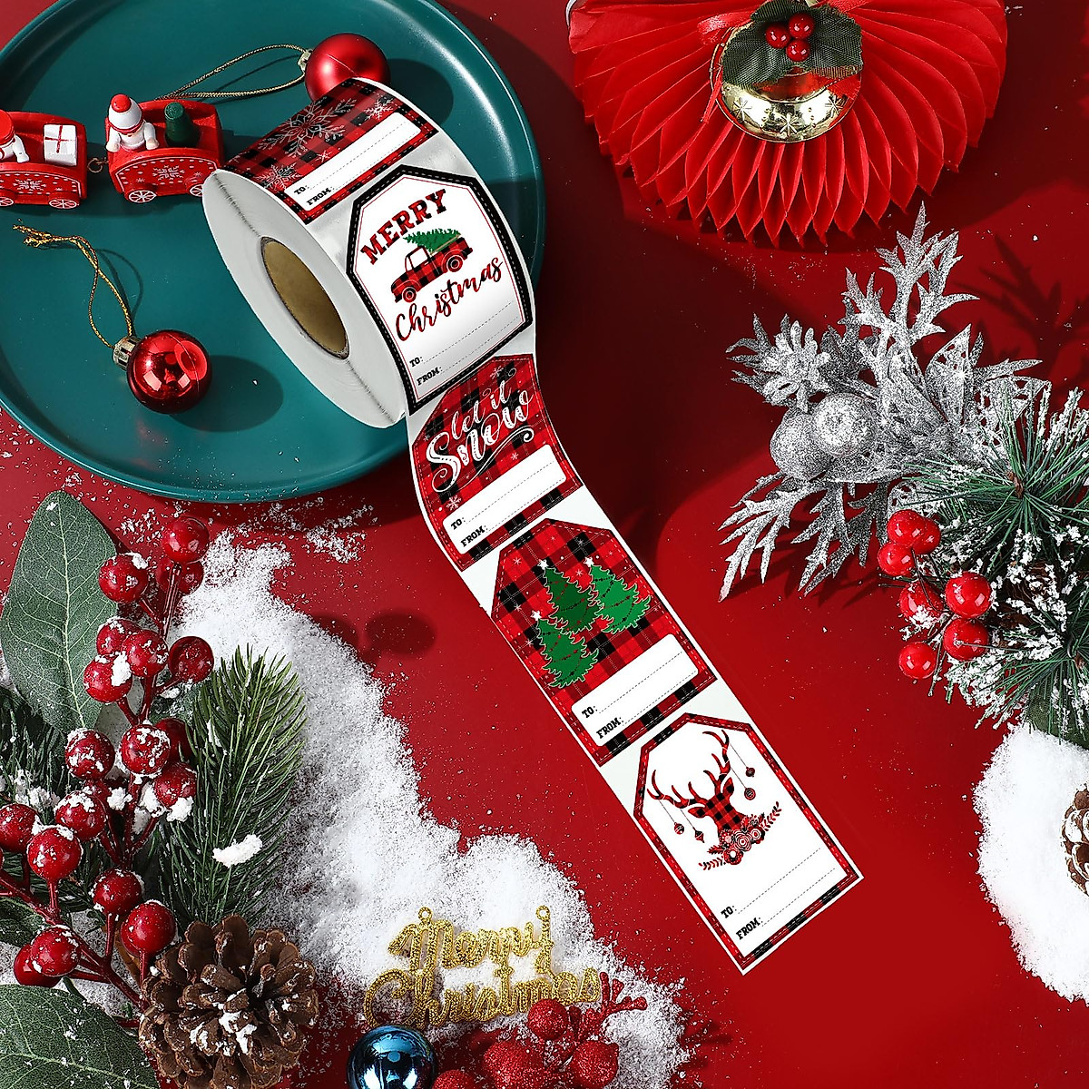 480 Pcs Christmas Gift Tag Stickers Self Adhesive Christmas Name Labels Buffalo Plaid Present Stickers Labels Xmas to and from Tag for Holiday Present Box Gift Wrapping Supplies(Classic Pattern)