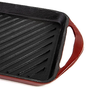 Hell's Kitchen Pre-seasoned Cast Iron Enameled Rectangle Grill Pan with Handles, Red