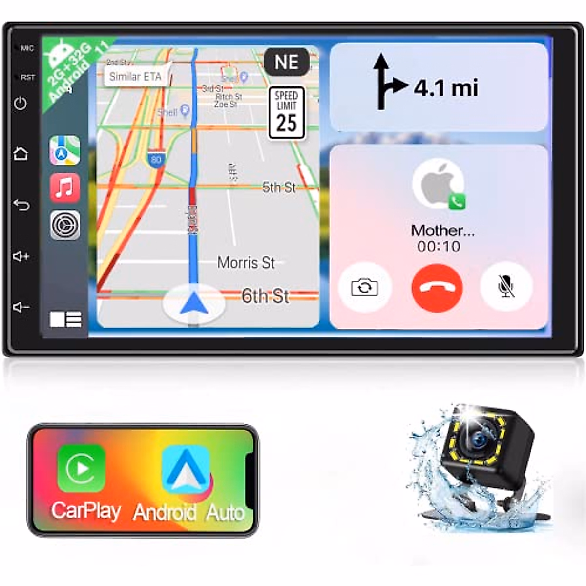 [2G+32G] Android 11 Double Din Car Stereo with Apple Carplay Android Auto, 7 Inch Touch Screen Car Radio with HiFi/BT/IPS Display/GPS Support Fastboot Backup Camera Mirror Link WiFi Connect BAJKQKAI