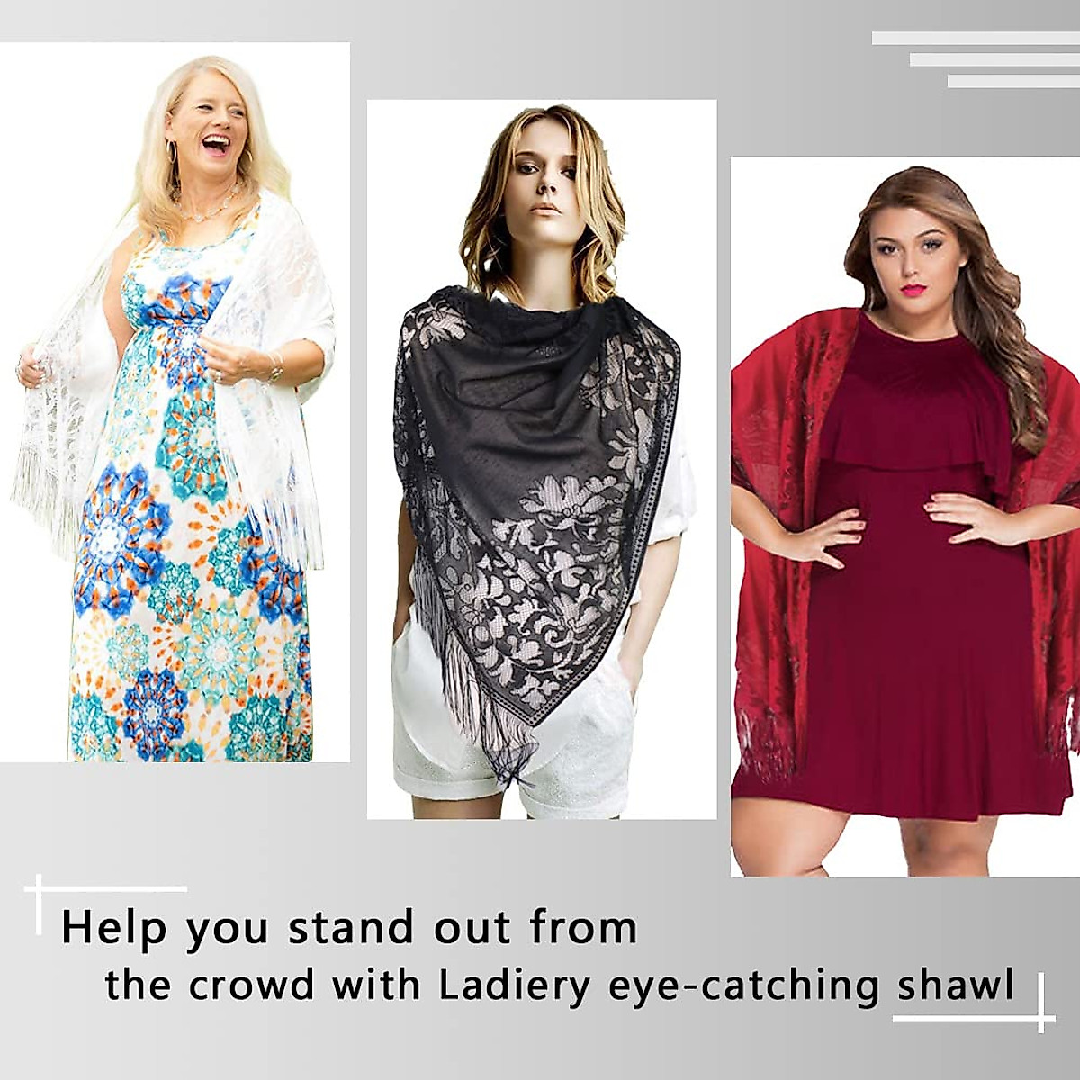 Ladiery Women's Floral Lace Scarf Shawl with Tassels, Soft Mesh Fringe Wraps for Wedding Evening Party Dresses