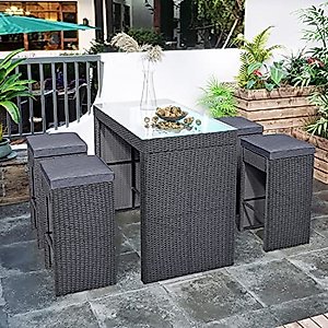 5-Piece Rattan Outdoor Patio Furniture Set Bar Dining Table Set with 4 Stools, Gray Cushion+Gray Wicker