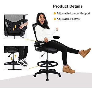 Drafting Chair Tall Mesh Drafting Stool for Standing Desk, Adjustable Bar Height Reception Office Chair with Flip-Up Arms & Foot-Ring, Ergonomic Mesh Computer Drafting Stool for Home Office Working