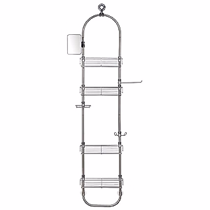mDesign Metal Bathroom Shower Caddy Station for Shampoo, Conditioner, Hand Soap - Accessory Hook and Towel Bar - 4 Shelf Format, Brushed Stainless Steel