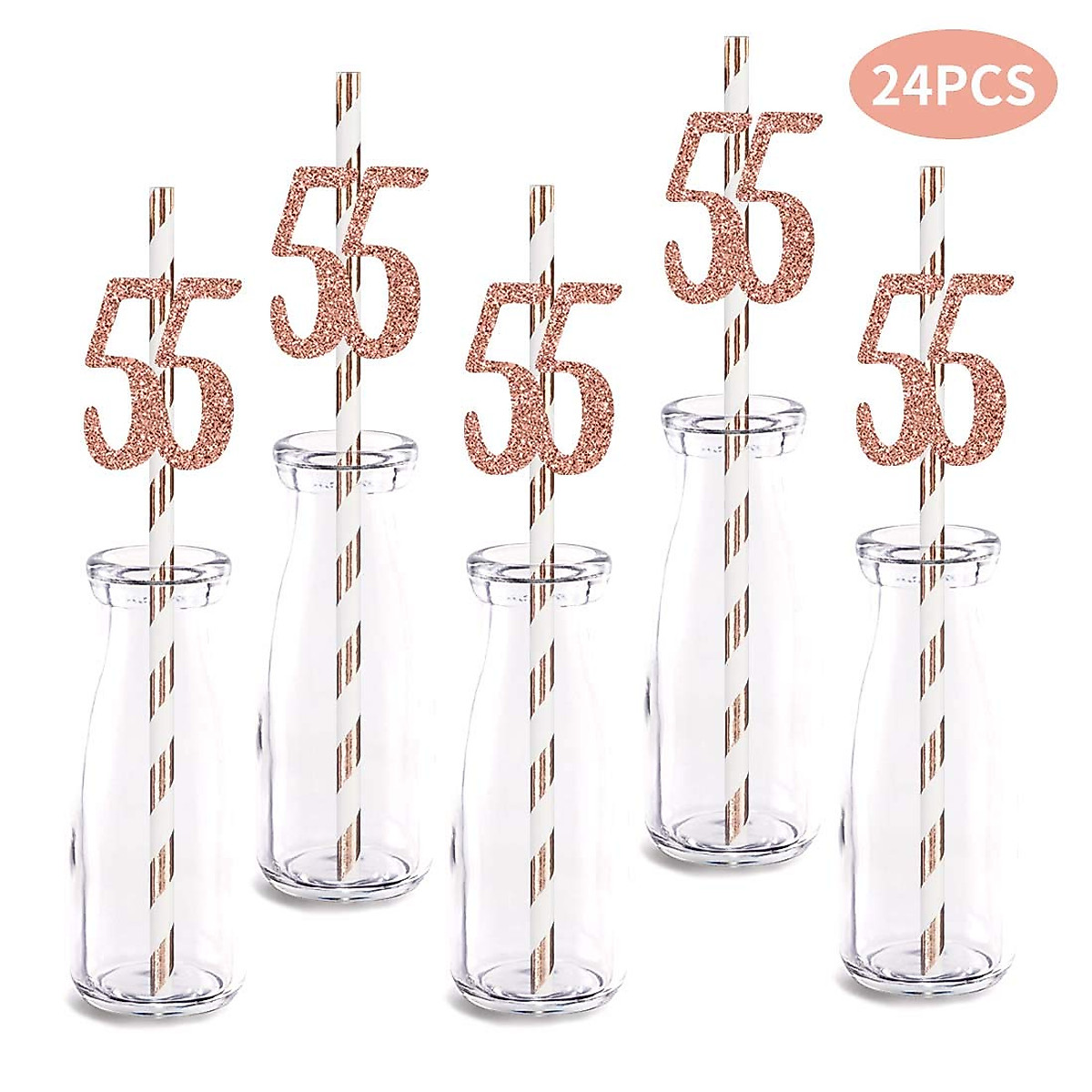 Rose Happy 55th Birthday Straw Decor, Rose Gold Glitter 24pcs Cut-Out Number 55 Party Drinking Decorative Straws, Supplies