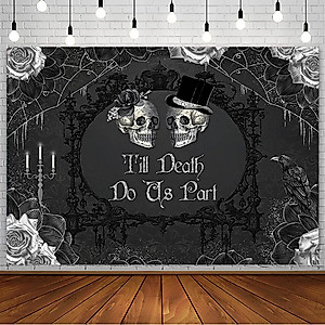 AIBIIN 7x5ft Halloween Till Death Do Us Part Backdrop Spooky Skull Gothic Wedding Party Decorations Supplies Bachelorette Bridal Shower Photography Background Banner Cake Table Photo Booth Props