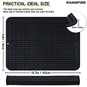 Rainspire Dish Drying Mats For Kitchen Counter, Silicone Dish Mat Drying Kitchen Mat, Food Grade Silicone Sink Drying Mat, Quick Dry Slip Resistant Kitchen Mats, 16x12inch, Black