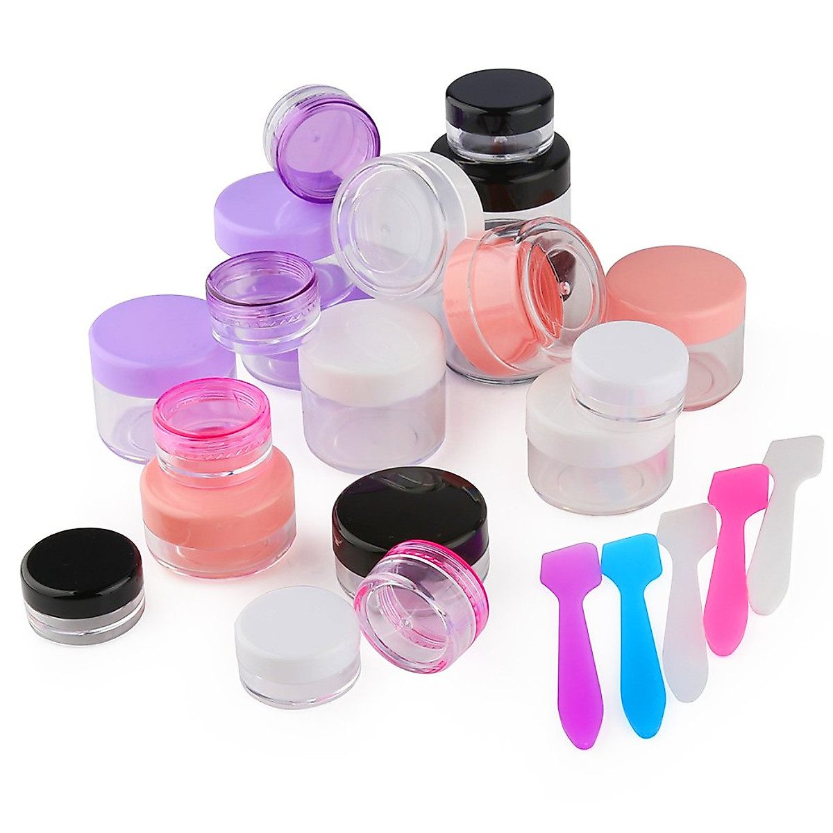Accmor 20 Pieces Empty Clear Plastic Sample Containers with Lids 3/5/ 10/15/ 20 Gram Size Cosmetic Jars with 5 Pieces Mini Spatulas(random color)