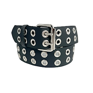 Two Row Eyelet Grommet Uniform Belt Made in USA Genuine Leather Punk Goth Thrash Metal (M-34) Black