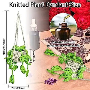 Crochet Hanging Plant for Car Cute Potted Plants Crochet Decor Car Mirror Hanging Accessories Rear View Ornament Hanging Boho Handmade Knitted Pendant (Light Green)