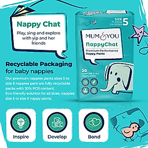 Mum & You Nappychat Premium Performance Eco Diaper Pants, Size 5 (20 diapers) Smart Tube Technology Leak Protection. 100% Recyclable. Hypoallergenic, Dermatologically-Tested. No Lotion, Perfume or Dye