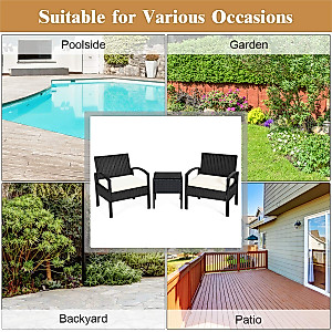 Tangkula 3 Piece Patio Conversation Set, Outdoor Rattan Sofa Set with White Seat Cushions & Coffee Table, Patio Wicker Furniture Set for Garden Balcony Backyard Poolside (Black)