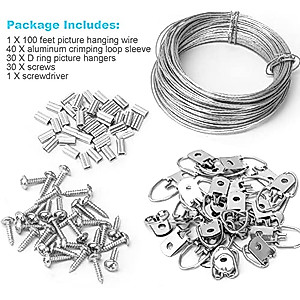 Ouskr 100 Pcs Picture Hanging Wire Kit, 100 Feet Heavy Duty Wire Picture Hanging for Photo Mirror Frame Artwork, Included D Ring Picture Hangers, Screws, Aluminum Sleeves, Screwdriver, up to 30lbs