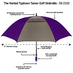The Typhoon Tamer 62 Inch Vented Windproof Double Canopy Large Golf Umbrella for Rain & Wind, Strong Fiberglass Oversized Lightweight Professional Quality Golfers Umbrella for Men & Women, Gray/Purple