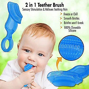 First Teeth Oral Care Kit by Brilliant Oral Care- Set has Baby's 1st Teether-Brush, Brilliant Baby Toothbrush and 2oz Spry Xylitol Tooth Gel, Infants Age 4 Months Old and Up, Baby Must Haves, Blue