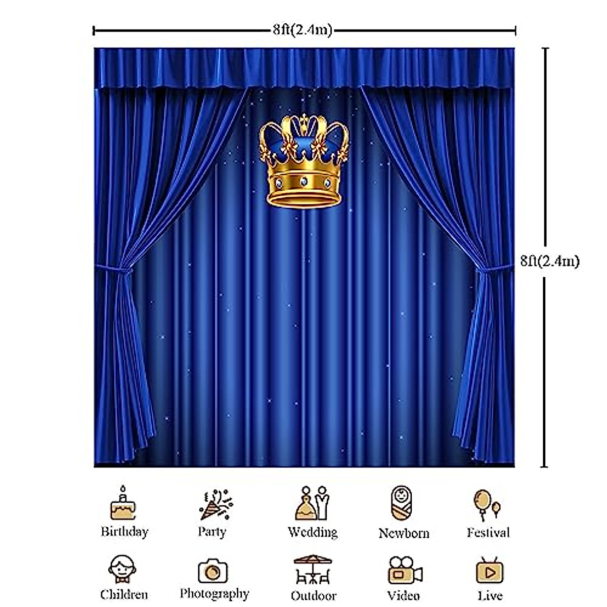 KUKUSOUL 8x8ft Prince Birthday Party Backdrop Royal Blue and Gold Crown Royal Party Backdrops Celebration Party Decoration Supplies Cake Table Banner Photo Booth Prop KUBYC430