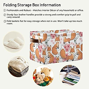 Gougeta Foldable Storage Basket with Handle, Cute Jungle Fox Animal Pink Flower Rectangular Canvas Organizer Bins for Home Office Closet Clothes Toys 1 Pack