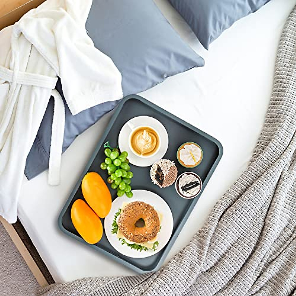 YOUEON Set of 3 Bamboo Serving Trays with Handles, 16/14/13 Inch Nesting Trays for Coffee Table, Blue Decorative Tray, Perfume Tray, Ottoman Tray, Bamboo Trays for Food, Breakfast, Coffee, Tea