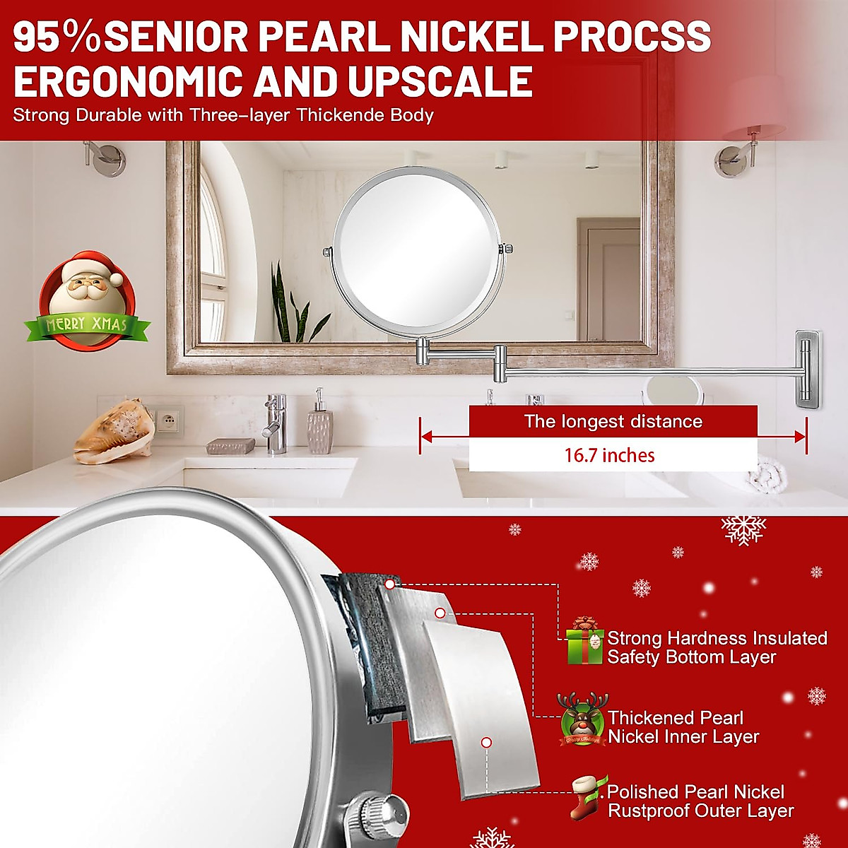 MIRRORMORE 8” Large Wall Mounted Makeup Mirror, Two-Sided 1X/10X Magnifying Mirror Extendable Long Arm, 360°Swivel Flexible HD Shower Mirror Fogless for Shaving, Fully Senior Nickel Bathroom Mirror