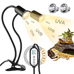 TFNN Reptile Heat Lamp, Double-Head Heat Lamp with Clamp, UVA UVB Reptile Light with Intelligent Cycle Timer for Turtle, Bearded Dragon, Lizard and More, 2 Bulbs 50W+75W