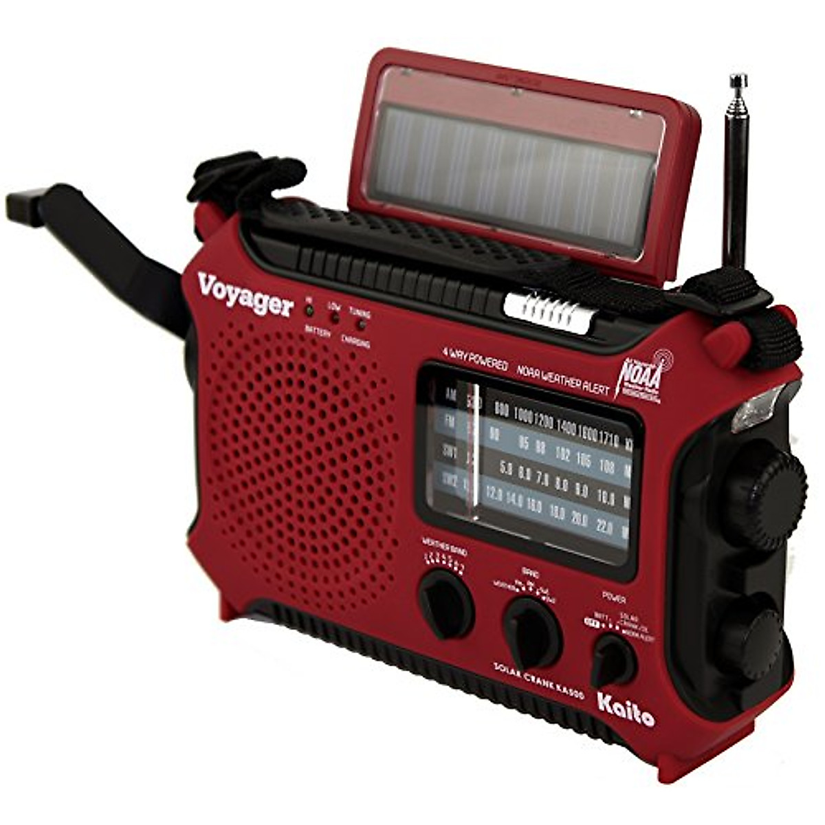 Kaito KA500IP-RED Voyager Solar/Dynamo AM/FM/SW NOAA Weather Radio with Alert and Cell Phone Charger, Red