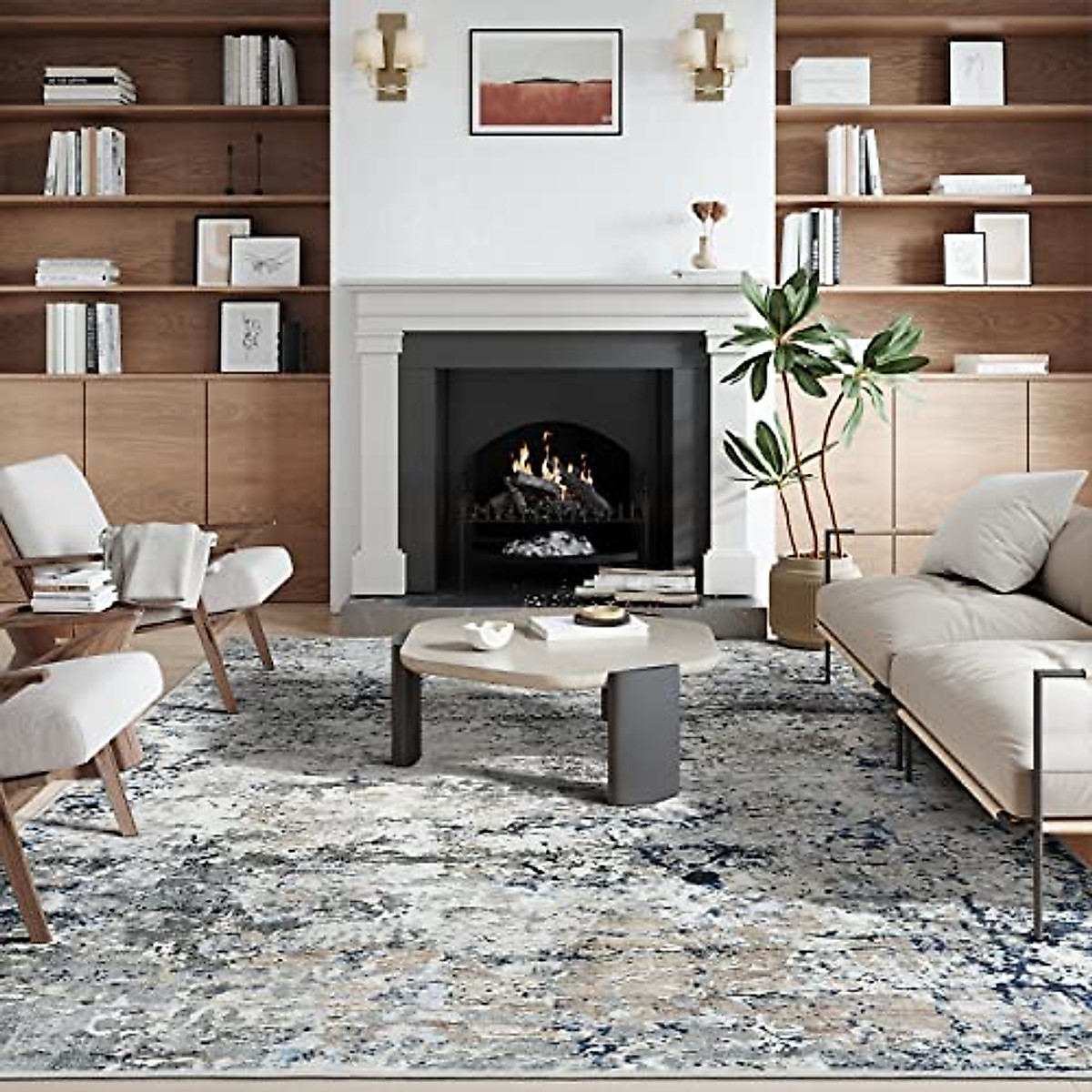 Miukiki 8x10 Area Rugs for Living Room,Anti-Slip Backing Washable Rug,Stain Resistant Modern Abstract Large Area Rug,Ultra-Thin Room Decor Rugs (Navy/Gold,8'x10')