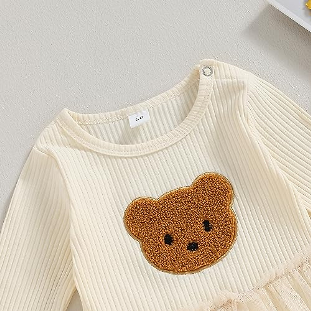 Kuriozud Baby Girls Mesh Romper Dress Bear Pattern Long Sleeve Jumpsuits for Newborn Infant Toddler Cute Clothes (Milky White, 12-18 Months)