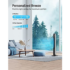 PARIS RHÔNE Tower Fan, 44" Oscillating Standing Tower Fan, 24dB Quiet DC Cooling Fan, 12 Speeds Bladeless Fan with Remote, 24H Timer, LED Display, Portable Floor Fan for Bedroom Home Office