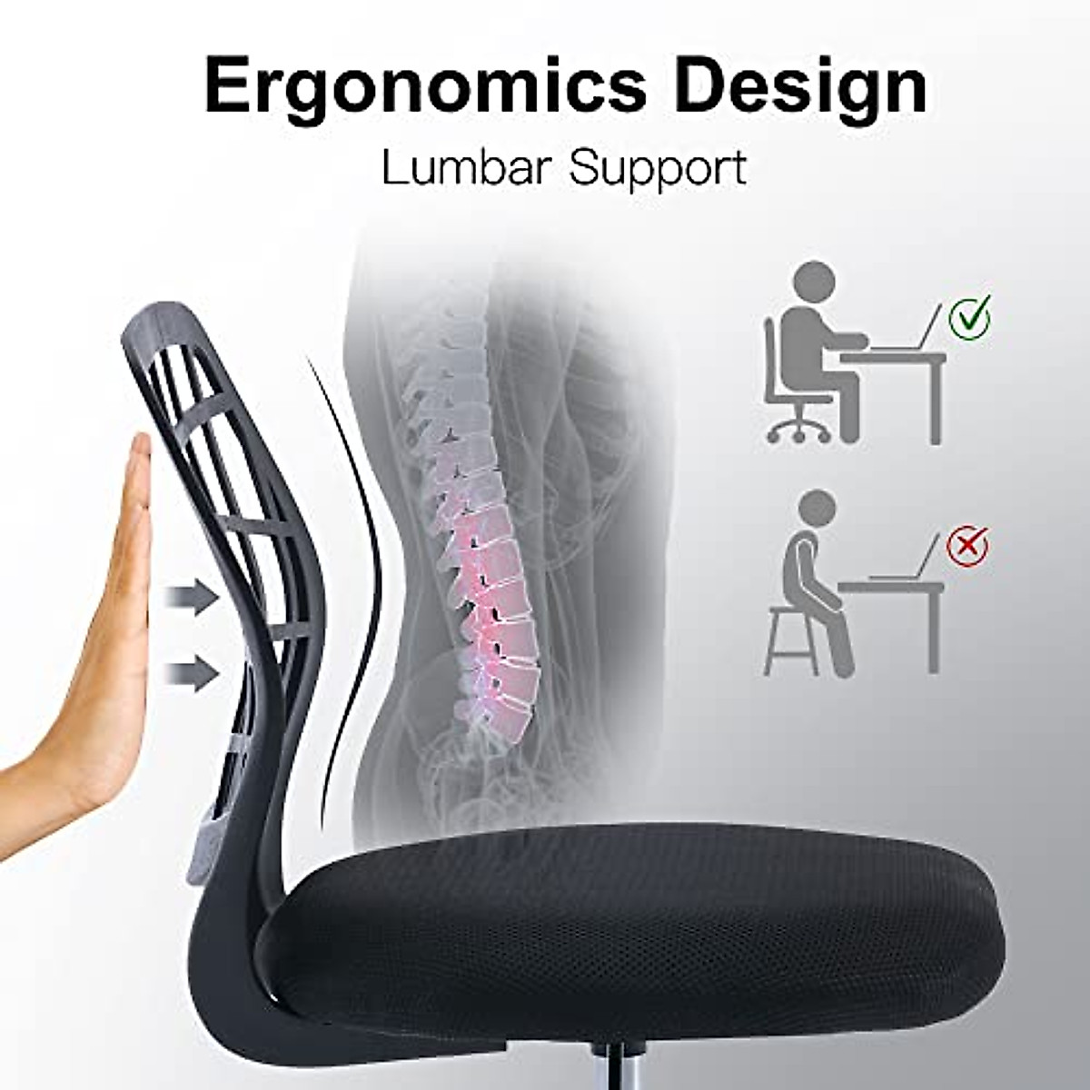 HOMEFUN Kids Desk Chair Cute Computer Office Bedroom Mesh Chair Ergonomic Swivel Armless Study Chair with Adjustable Height for Boys Girls Teens, Black