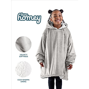Bare Home Sherpa Fleece Wearable Blanket - Oversized Wearable Blanket Hoodie - Kids Size - Warm & Cozy - Soft Blanket - Comfortable Blanket Sweatshirt with Dual-Sided Pockets (Kids, Light Grey)