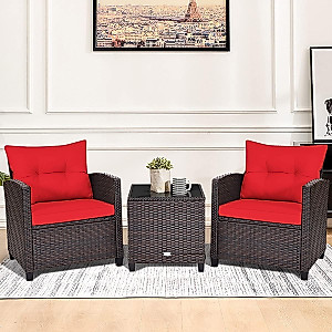LDAILY Patio Furniture Set, 3 Pieces PE Rattan Wicker Patio Sofa Chairs with Washable Cushion & Glass Table, Outdoor Furniture Conversation Sets for Porch, Balcony, Garden, Poolside (Red)