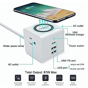 Power Strip with USB C Ports, KingTSYU Travel Surge Protector Tower Extension Cord with 2USB A/2AC Outlets/Phone Wireless Charger, PD 45W Fast Charging Power Deliveryfor Laptop MacBook Pro,Dorm/Office