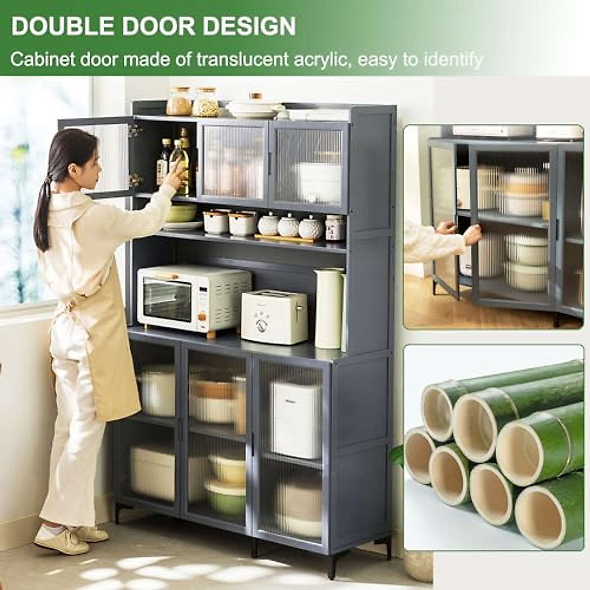 NENAGGE Kitchen Pantry Storage Cabinet, 69" Freestanding Microwave Cupboard with Double Doors ＆ Acrylic Translucent Window, Buffet with Hutch for Living Room, Dining Room,176×116cm/69×46in